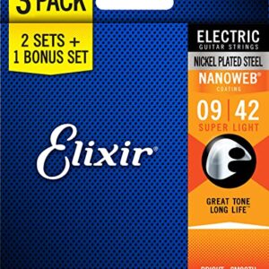 Elixir® Strings 16540 Electric Guitar Strings with NANOWEB® Coating, 3 Pack, Super Light (.009-.042)