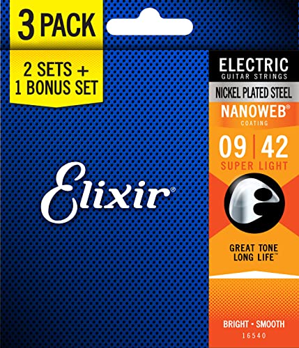 Elixir® Strings 16540 Electric Guitar Strings with NANOWEB® Coating, 3 Pack, Super Light (.009-.042)