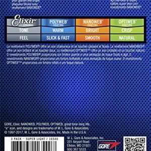 Elixir® Strings 16540 Electric Guitar Strings with NANOWEB® Coating, 3 Pack, Super Light (.009-.042)