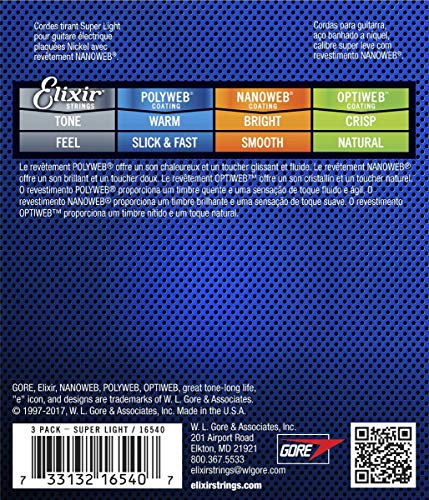 Elixir® Strings 16540 Electric Guitar Strings with NANOWEB® Coating, 3 Pack, Super Light (.009-.042)