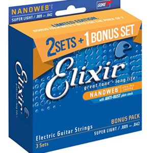 Elixir® Strings 16540 Electric Guitar Strings with NANOWEB® Coating, 3 Pack, Super Light (.009-.042)