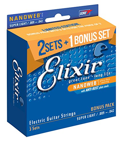 Elixir® Strings 16540 Electric Guitar Strings with NANOWEB® Coating, 3 Pack, Super Light (.009-.042)