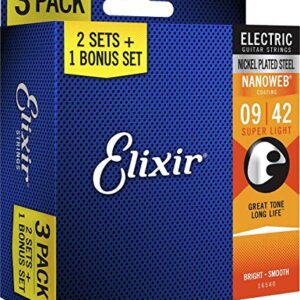 Elixir® Strings 16540 Electric Guitar Strings with NANOWEB® Coating, 3 Pack, Super Light (.009-.042)