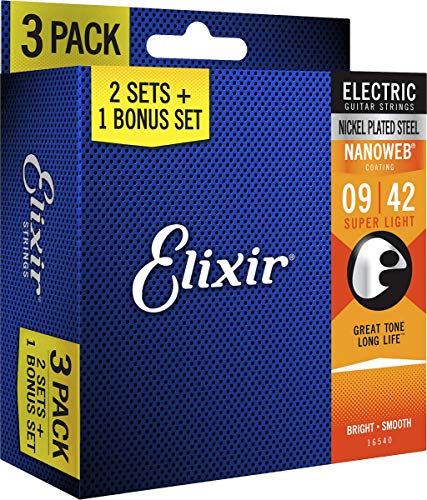 Elixir® Strings 16540 Electric Guitar Strings with NANOWEB® Coating, 3 Pack, Super Light (.009-.042)