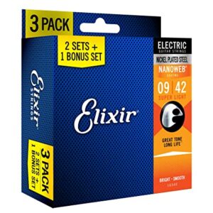 Elixir® Strings 16540 Electric Guitar Strings with NANOWEB® Coating, 3 Pack, Super Light (.009-.042)