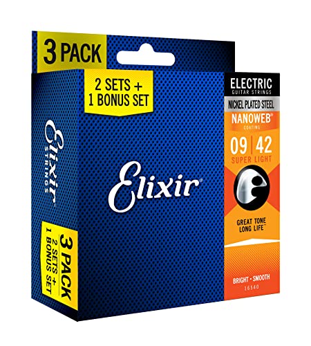 Elixir® Strings 16540 Electric Guitar Strings with NANOWEB® Coating, 3 Pack, Super Light (.009-.042)