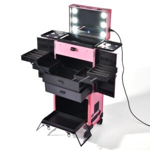 pink rolling makeup case with mirror light pro large cosmetic artists hair stylist barber organized trolley lockable