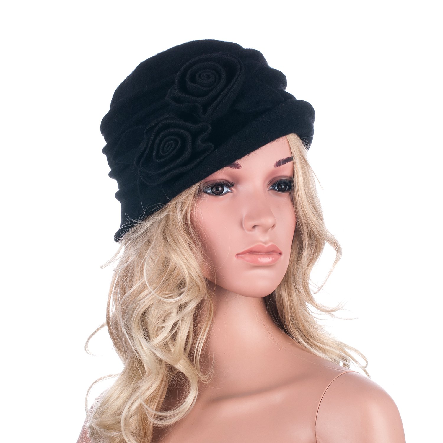 1920s Gatsby Womens Flower Wool Warm Beanie Bow Hat Cap Crushable A287 (Black)