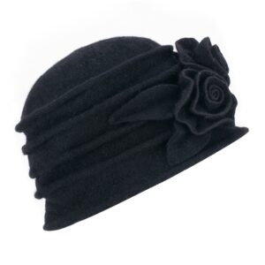 1920s Gatsby Womens Flower Wool Warm Beanie Bow Hat Cap Crushable A287 (Black)