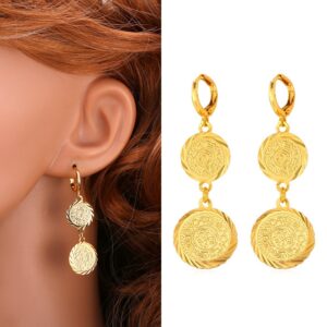 U7 Small Huggie Hoop Middle East Arab Muslim Jewelry|18K Gold Plated Coin Dangle Drop Earrings for Women