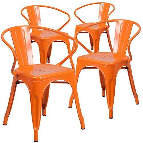 Flash Furniture Roy Commercial Grade 4 Pack Orange Metal Indoor-Outdoor Chair with Arms