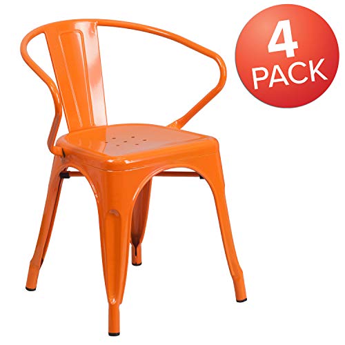 Flash Furniture Roy Commercial Grade 4 Pack Orange Metal Indoor-Outdoor Chair with Arms