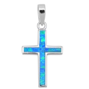 oxford diamond co solid lab created blue opal cross .925 sterling silver pendant (lab created blue opal)