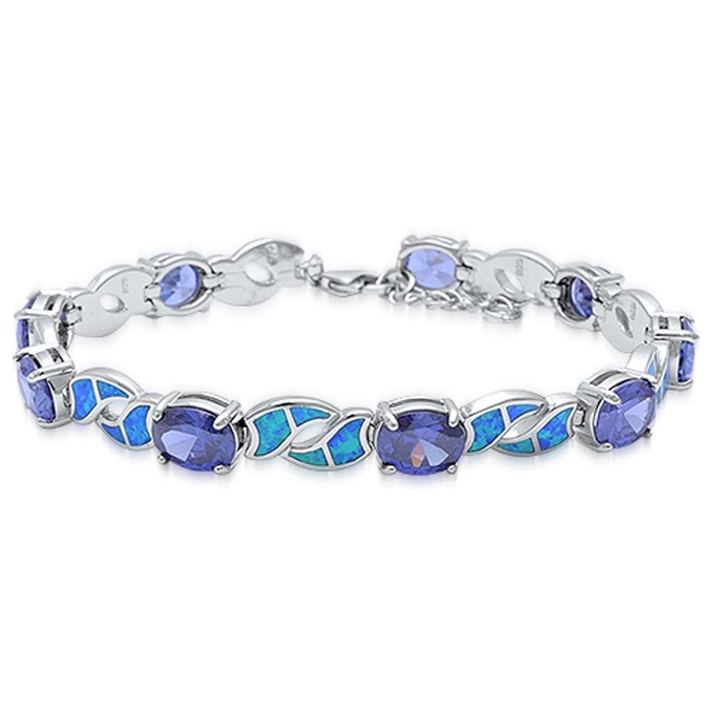 Oxford Diamond Co Oval Simulated Tanzanite & Lab Created Blue Opal .925 Sterling Silver Bracelet (Lab Created Blue Opal)