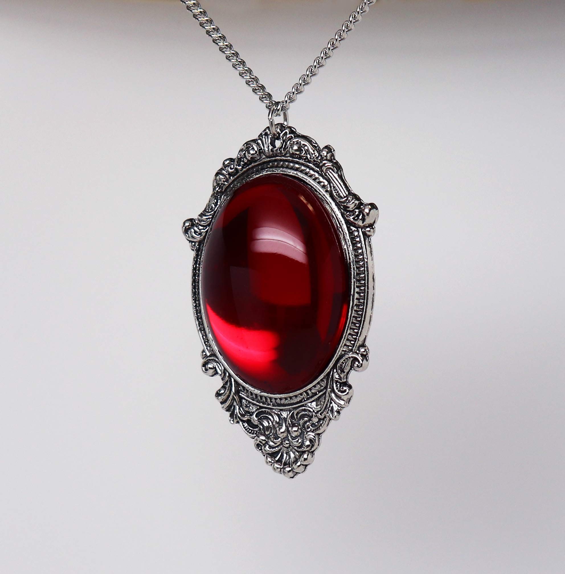 Blood Red Cabochon in Silver Finish Pewter Frame Pendant Necklace