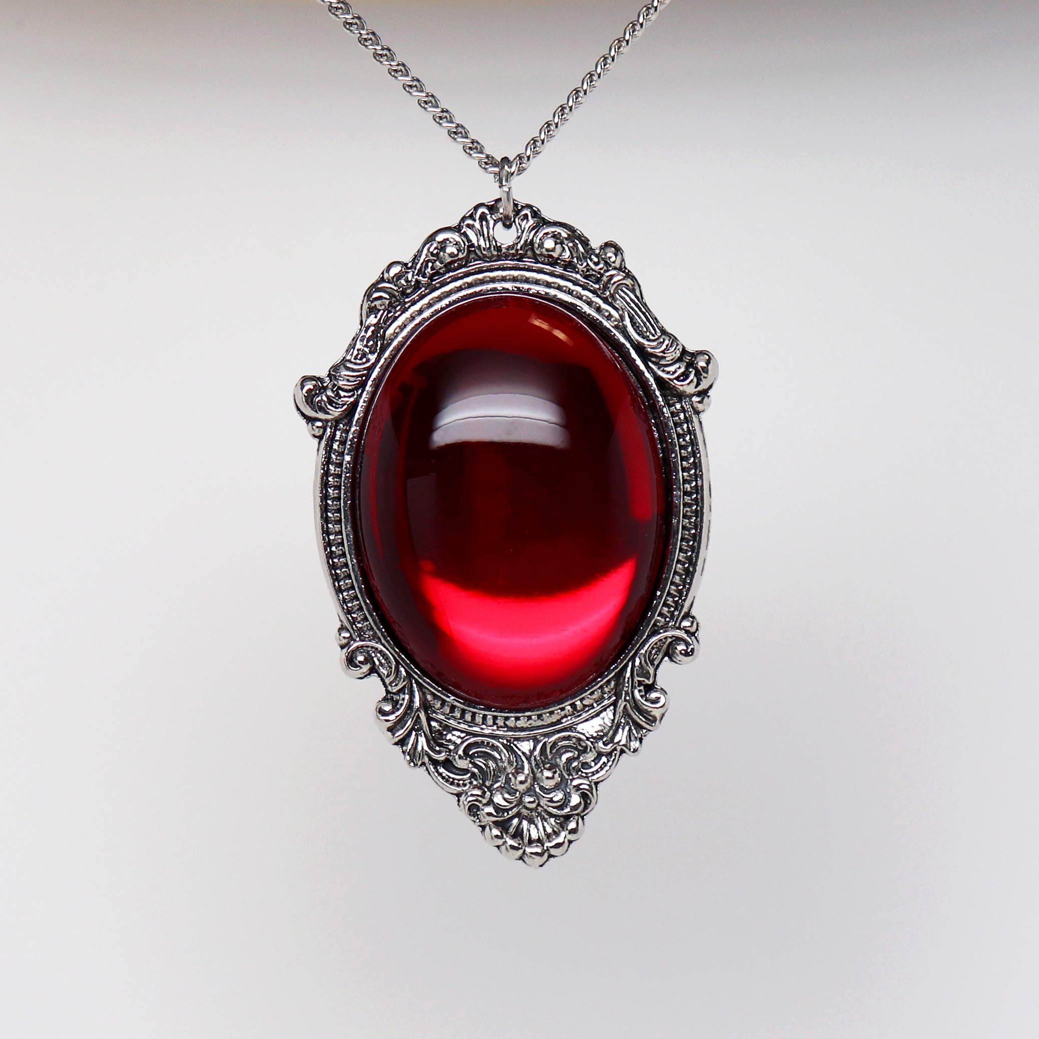 Blood Red Cabochon in Silver Finish Pewter Frame Pendant Necklace