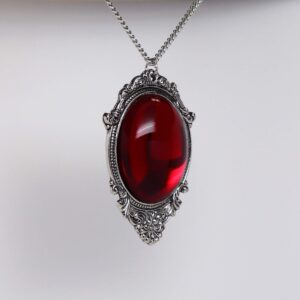 Blood Red Cabochon in Silver Finish Pewter Frame Pendant Necklace