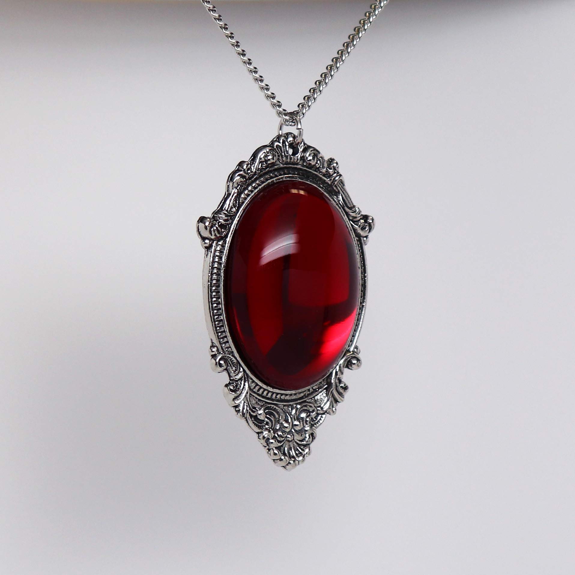 Blood Red Cabochon in Silver Finish Pewter Frame Pendant Necklace