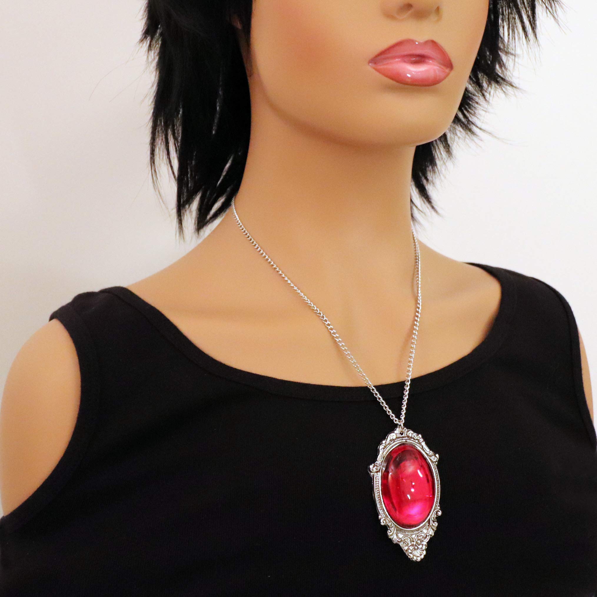 Blood Red Cabochon in Silver Finish Pewter Frame Pendant Necklace