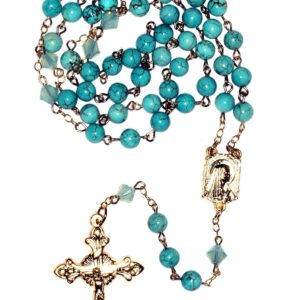 Catholic Prayer Rosary made with Magnesite Turquoise Blue Gemstones and Austrian Crystals