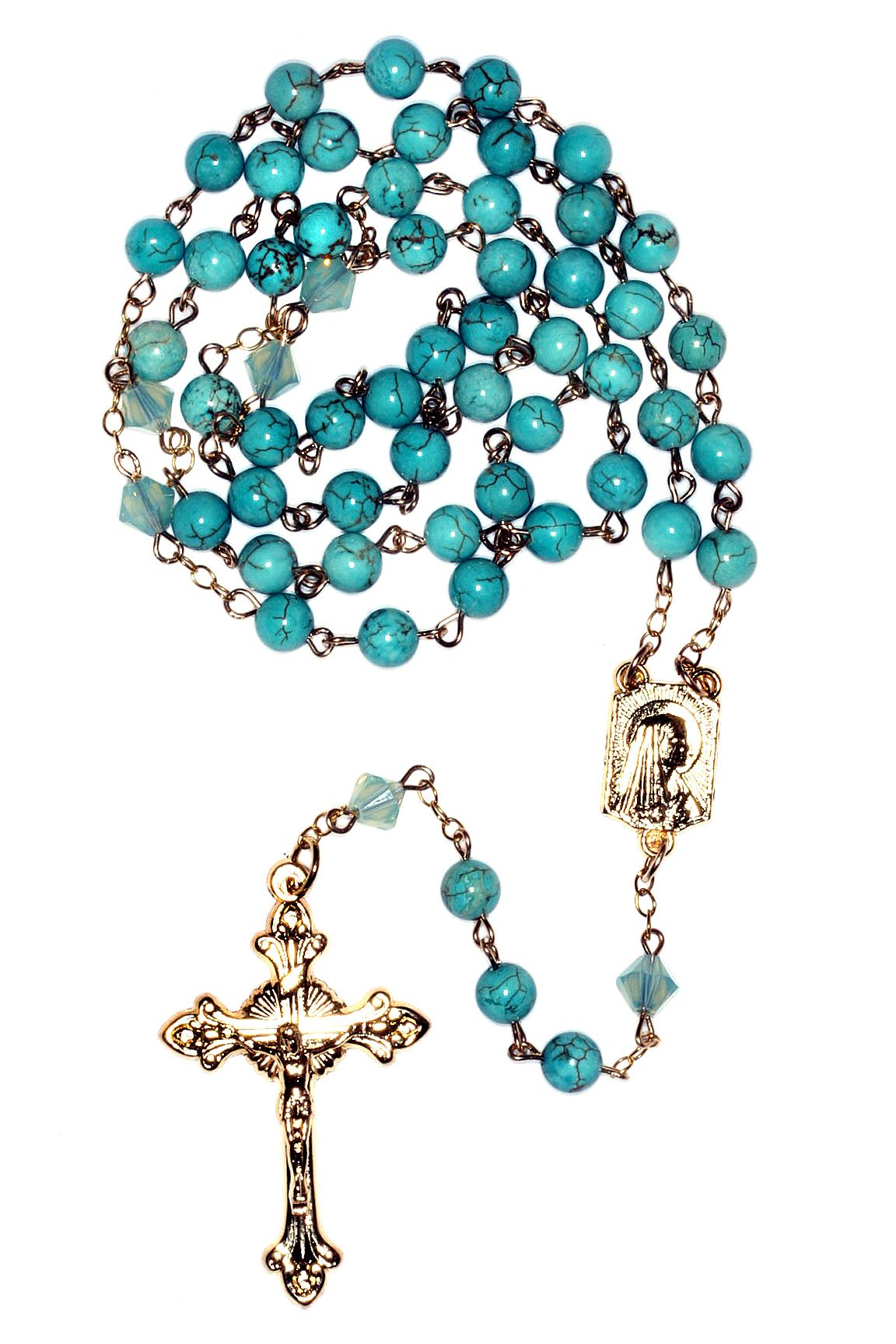 Catholic Prayer Rosary made with Magnesite Turquoise Blue Gemstones and Austrian Crystals