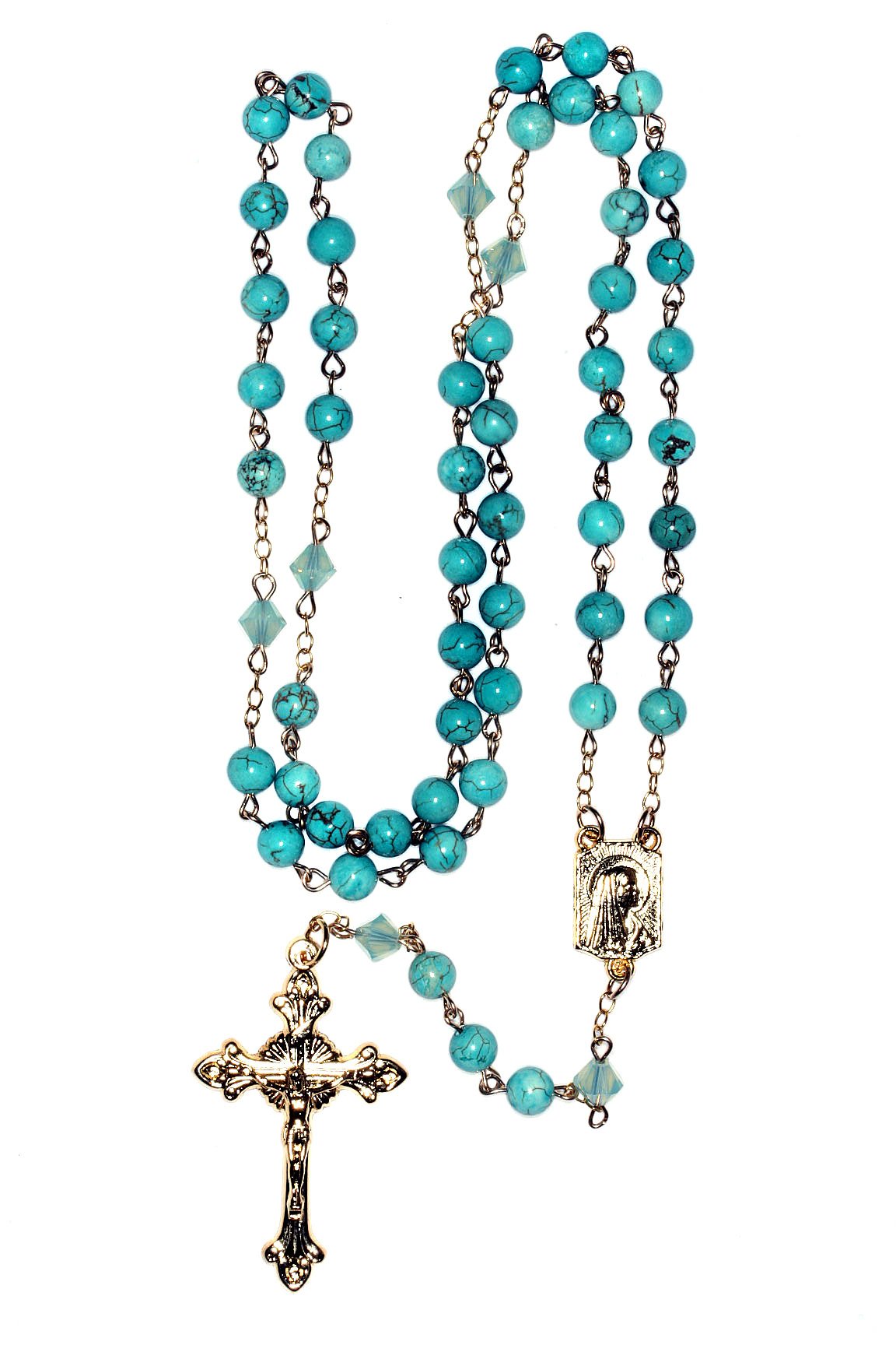 Catholic Prayer Rosary made with Magnesite Turquoise Blue Gemstones and Austrian Crystals