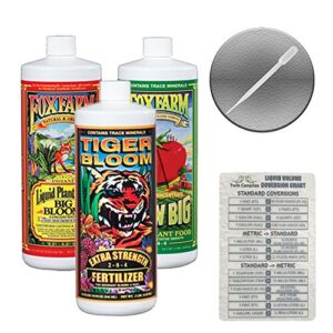 fox farm liquid nutrient trio soil formula: big bloom, grow big, tiger bloom (pack of 3-32 oz bottles) 1 quart each + twin canaries chart & pipette