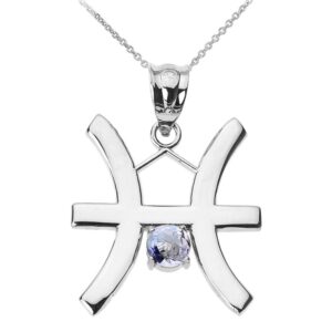 personalized 14k white gold genuine aquamarine march birthstone pisces zodiac pendant necklace, 18"