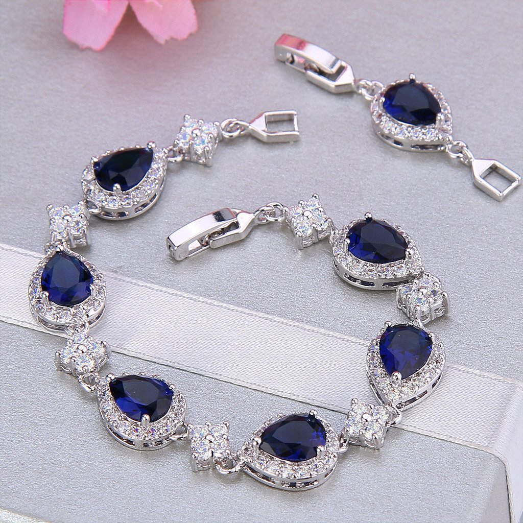 EVER FAITH Wedding Bridal Bracelet for Brides Bridesmaids, Blue Cubic Zirconia September Birthstone Teardrop Tennis Bracelet for Women Jewelry