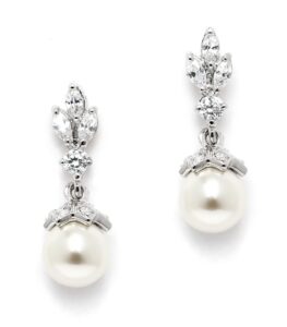 mariell petite pearl drop wedding earrings, 8mm ivory shell pearls, cubic zirconia crystal and pearl earrings for brides, bridesmaid, prom and mother of the bride