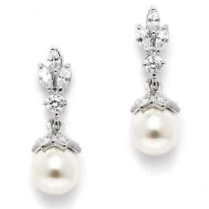 Mariell Petite Pearl Drop Wedding Earrings, 8MM Ivory Shell Pearls, Cubic Zirconia Crystal and Pearl Earrings for Brides, Bridesmaid, Prom and Mother of the Bride