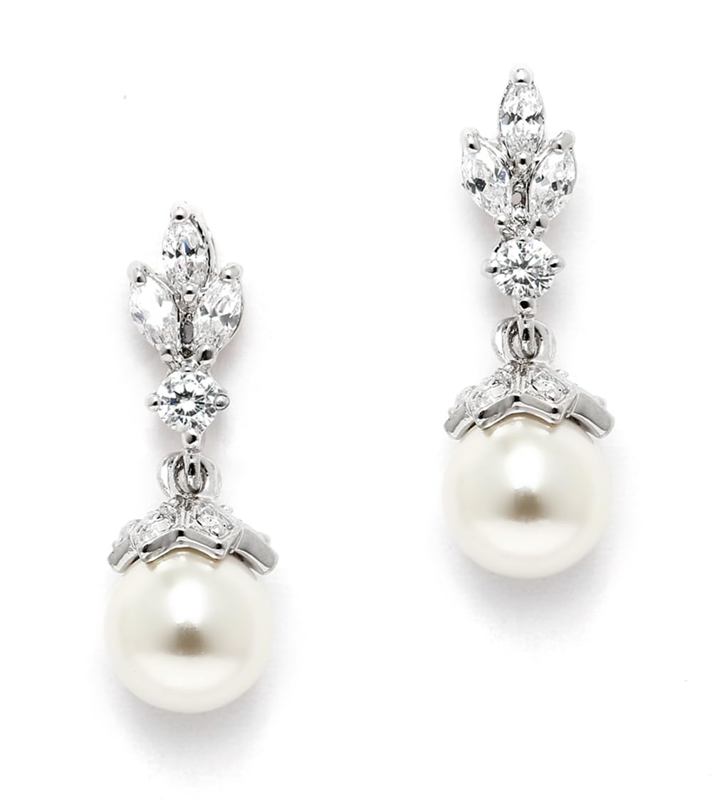 Mariell Petite Pearl Drop Wedding Earrings, 8MM Ivory Shell Pearls, Cubic Zirconia Crystal and Pearl Earrings for Brides, Bridesmaid, Prom and Mother of the Bride