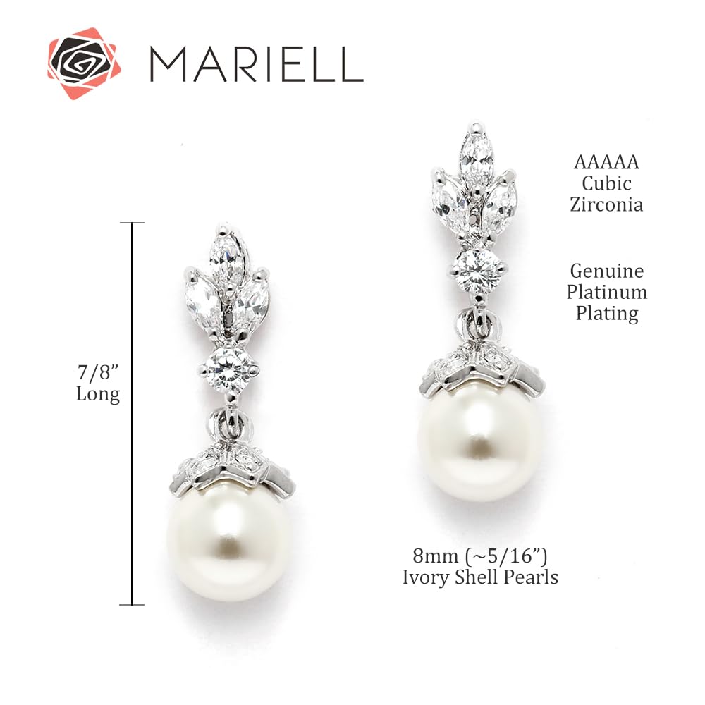 Mariell Petite Pearl Drop Wedding Earrings, 8MM Ivory Shell Pearls, Cubic Zirconia Crystal and Pearl Earrings for Brides, Bridesmaid, Prom and Mother of the Bride