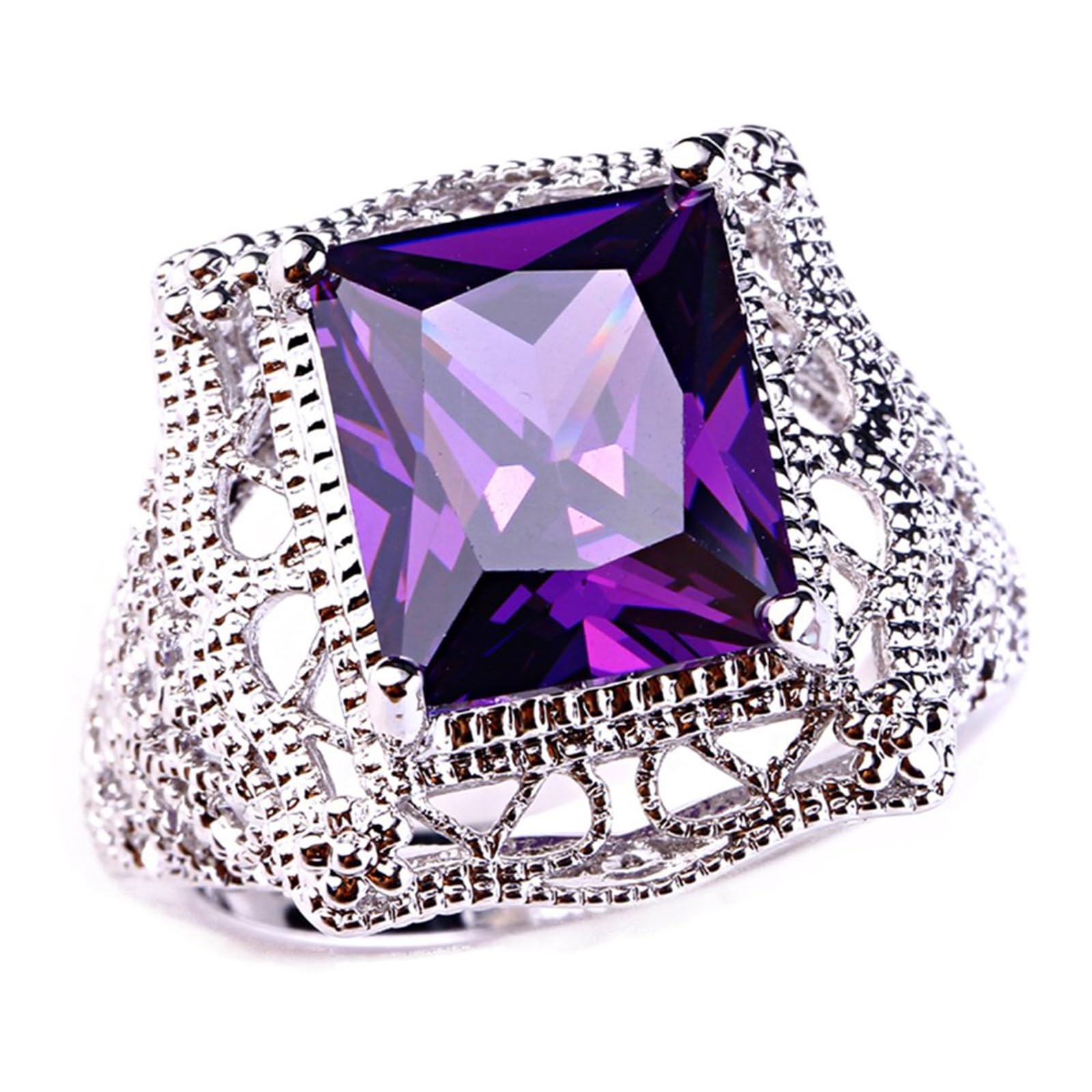 Psiroy 925 Sterling Silver Plated Created Amethyst Filled Filigree Art Deco Statement Ring Size 7