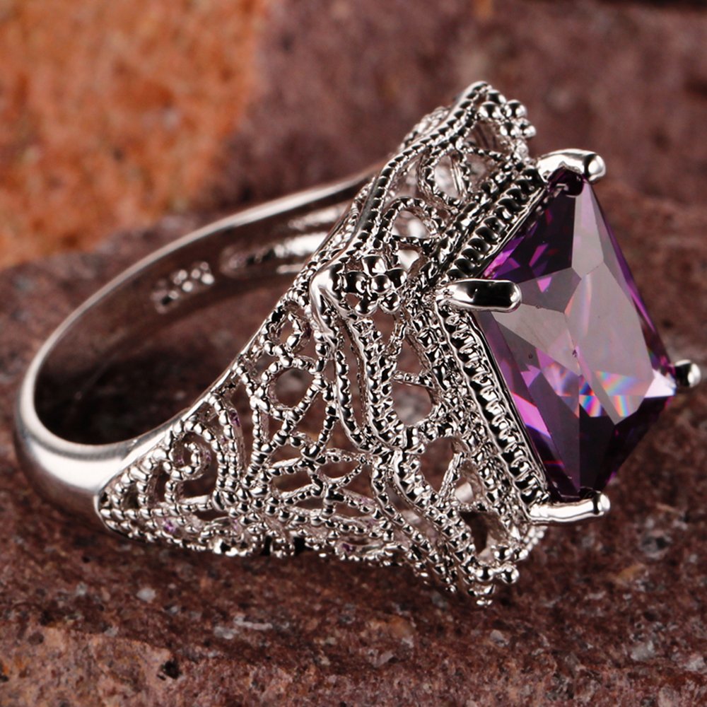 Psiroy 925 Sterling Silver Plated Created Amethyst Filled Filigree Art Deco Statement Ring Size 7