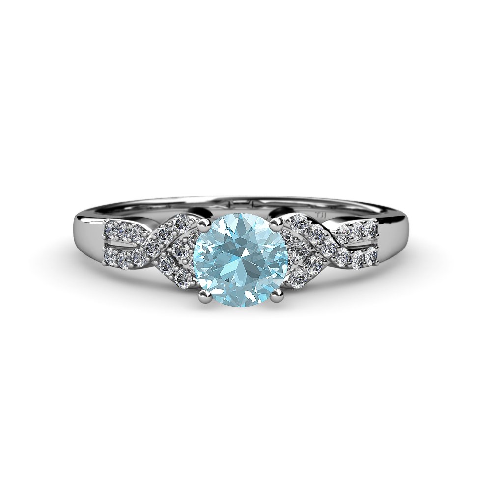 TriJewels Aquamarine & Natural Diamond Engagement Ring & Wedding Band Set 1.35 ctw 14K White Gold.size 9.0