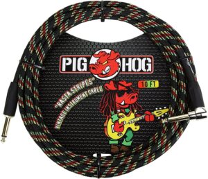 pig hog pch10rar 1/4" to 1/4" right-angle rasta stripes guitar instrument cable, 10 feet