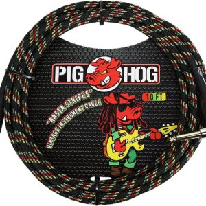 Pig Hog PCH10RAR 1/4" to 1/4" Right-Angle Rasta Stripes Guitar Instrument Cable, 10 Feet