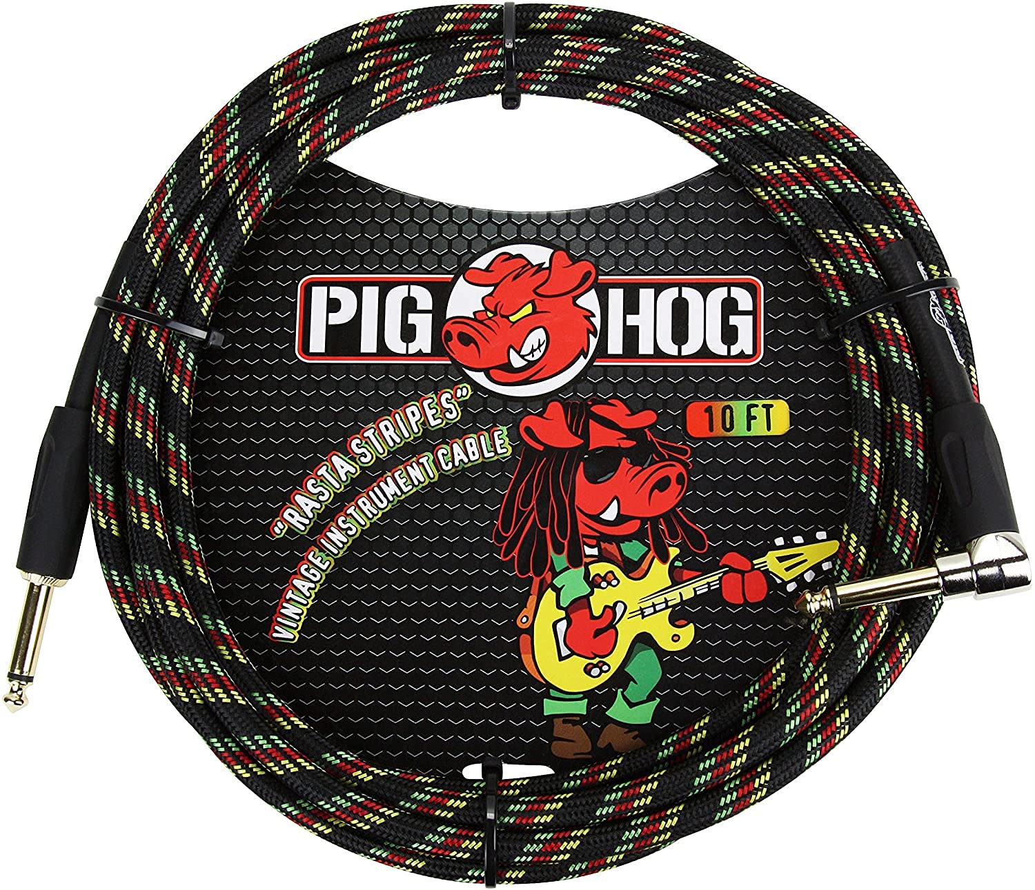 Pig Hog PCH10RAR 1/4" to 1/4" Right-Angle Rasta Stripes Guitar Instrument Cable, 10 Feet