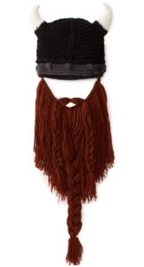 kafeimali men's head barbarian vagabond beanie original foldaway beard hats halloween viking horns bearded caps (brown)