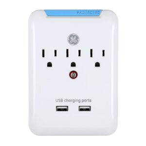 ge pro 3-outlet extender with 2 usb ports, surge protector, charging station wall tap, protected indicator led, 3-prong, 540 joule, 2.4 amp/10 watt, ul listed, white, 33646