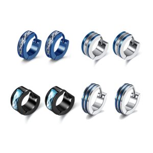 jovivi 4 pairs mens womens stainless steel fashionable multi-style set luxury blue hinge snap huggie hoop earrings 18g