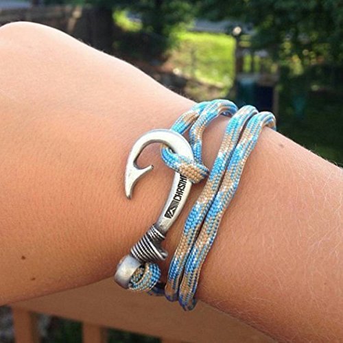 Chasing Fin Fish Hook Pendant Bracelet - Cool 30-Inch Military-Grade 550 Paracord Bracelet & Anklet - Adjustable Size, 100% Nylon Nautical & Fishing Accessory - J-Hook Pendant, Pewter - Navy