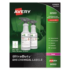 avery easy peel ultraduty ghs chemical labels, laser, 3 1/2 x 5, white, 200/box