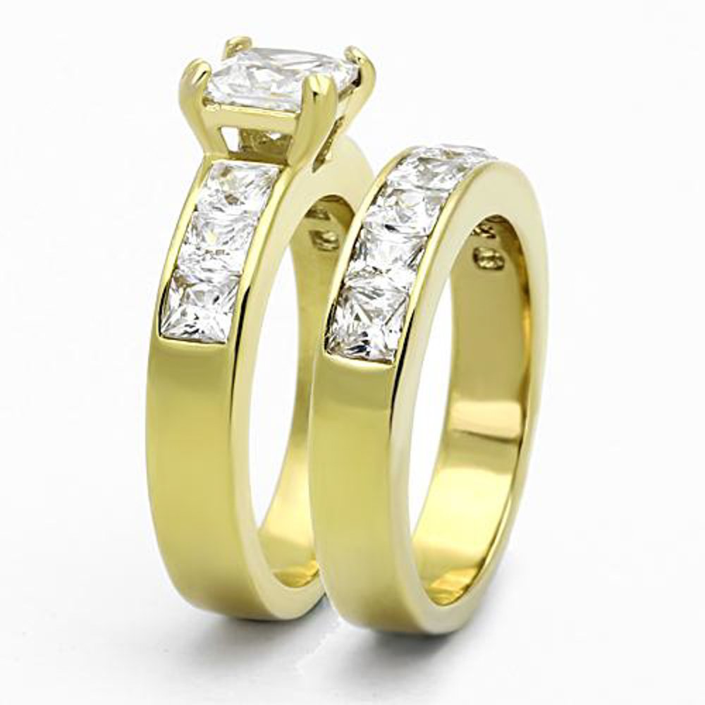 Marimor Jewelry His and Her 14K Gold Plated Stainless Steel 3 Piece Wedding Engagement Ring and Men's Band Set Women's Size 09 Men's 06mm Size 13