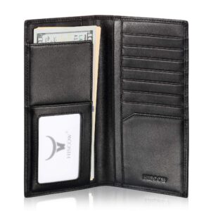 hiscow slim leather long wallet for men & women, italian calfskin, breast pocket wallet for checkbook, credit cards (black)