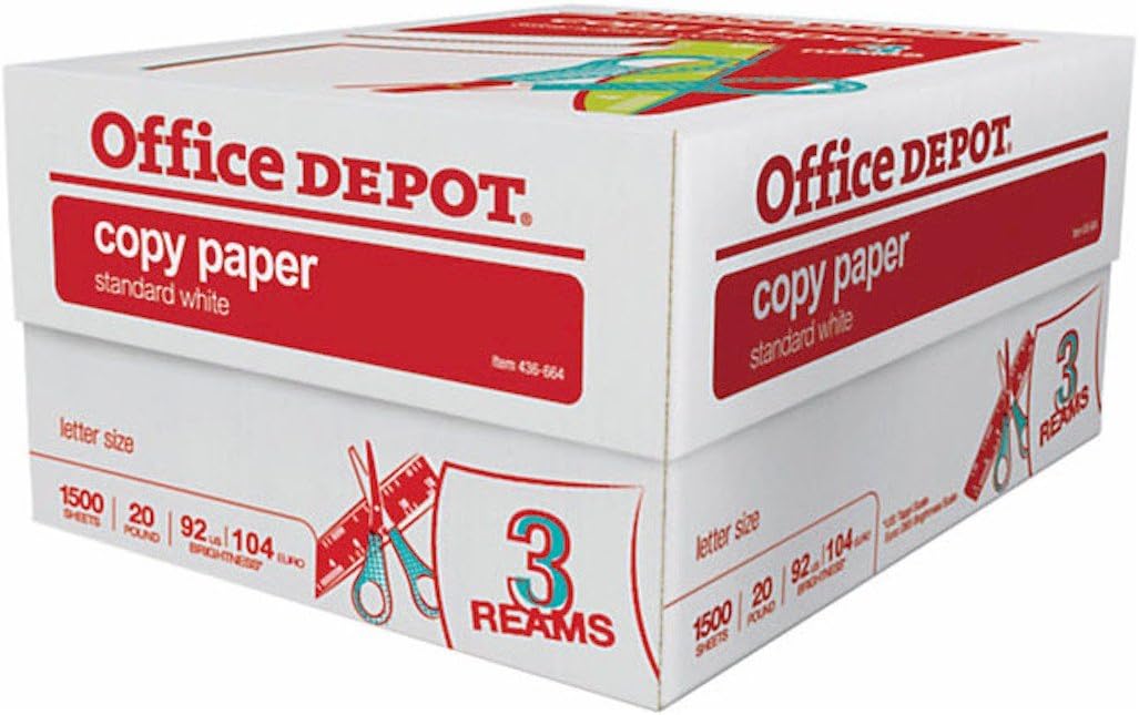 Office Depot 3-Ream Case Multipurpose Copy Fax Laser Inkjet Printer Paper, 8 1/2 x 11 inch Letter Size, 104 (Euro)/ 92 (US) Brightness, 20 lb. Density, White, 1500 Sheets Total (925382)