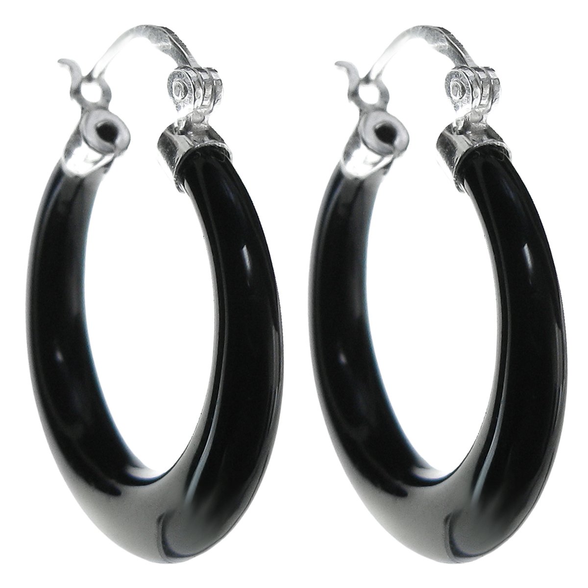 Sterling Silver Natural Black Onyx Ring Drop Hoop Huggie Earrings (25mm)