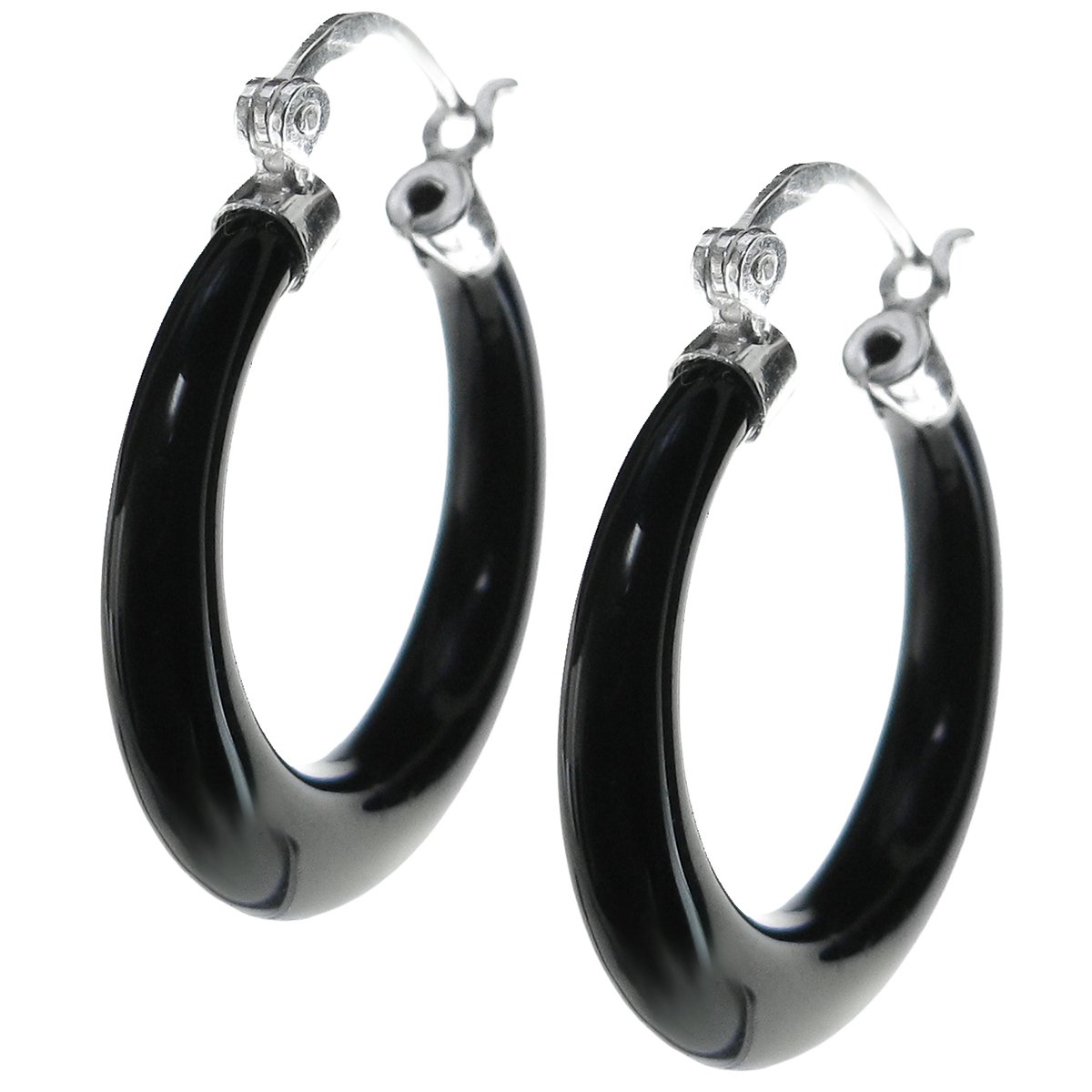 Sterling Silver Natural Black Onyx Ring Drop Hoop Huggie Earrings (25mm)