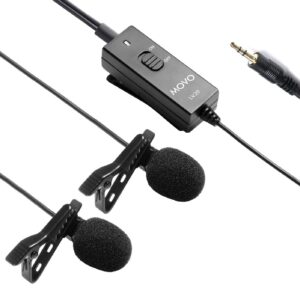 Movo LV20 Dual Lavalier Microphone - Clip-on Omnidirectional Condenser Interview Microphone Set for Cameras, Camcorders, and Recorders